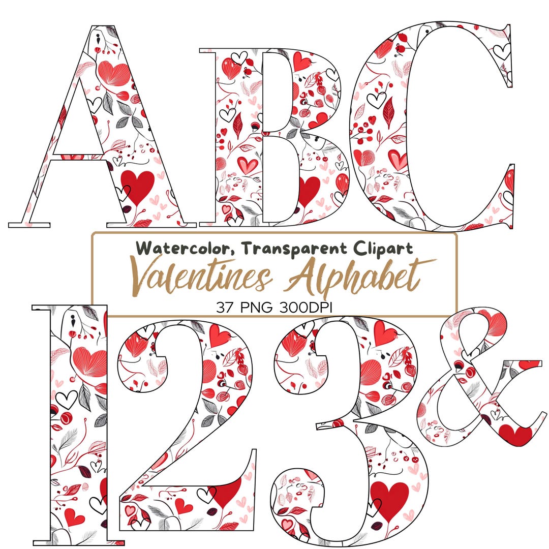 Valentine's Day Letters & Numbers Clipart: 37 PNG Initials, Hearts ...