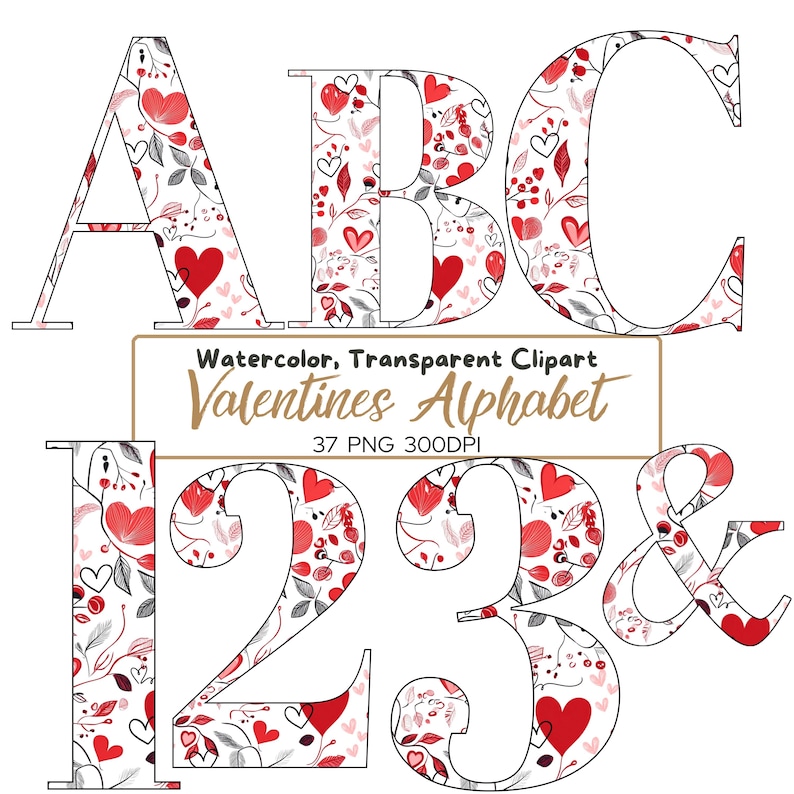 Valentine's Day Letters & Numbers Clipart: 37 PNG Initials, Hearts ...