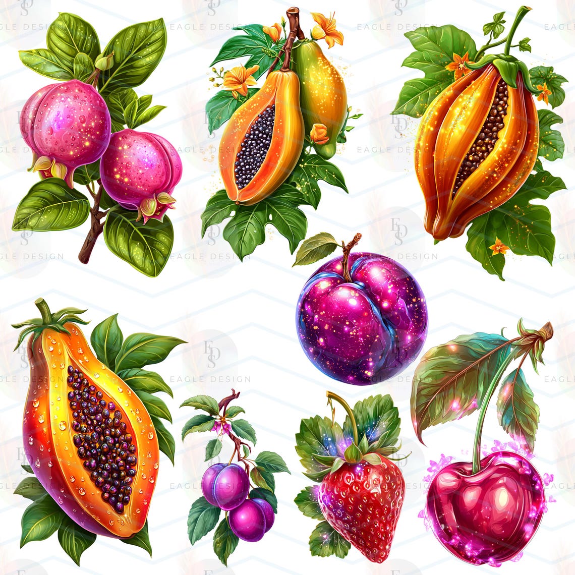 60 PNG Glowing FRUIT Clipart Bundle, Transparent, Neon Sparkle Fruit ...