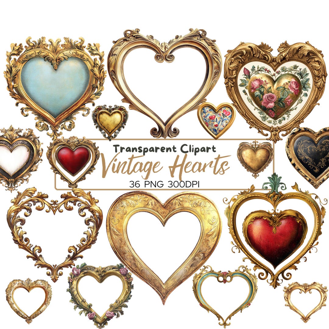 Vintage Golden Hearts Clip Art: 36 PNG Valentine's Day Graphics ...