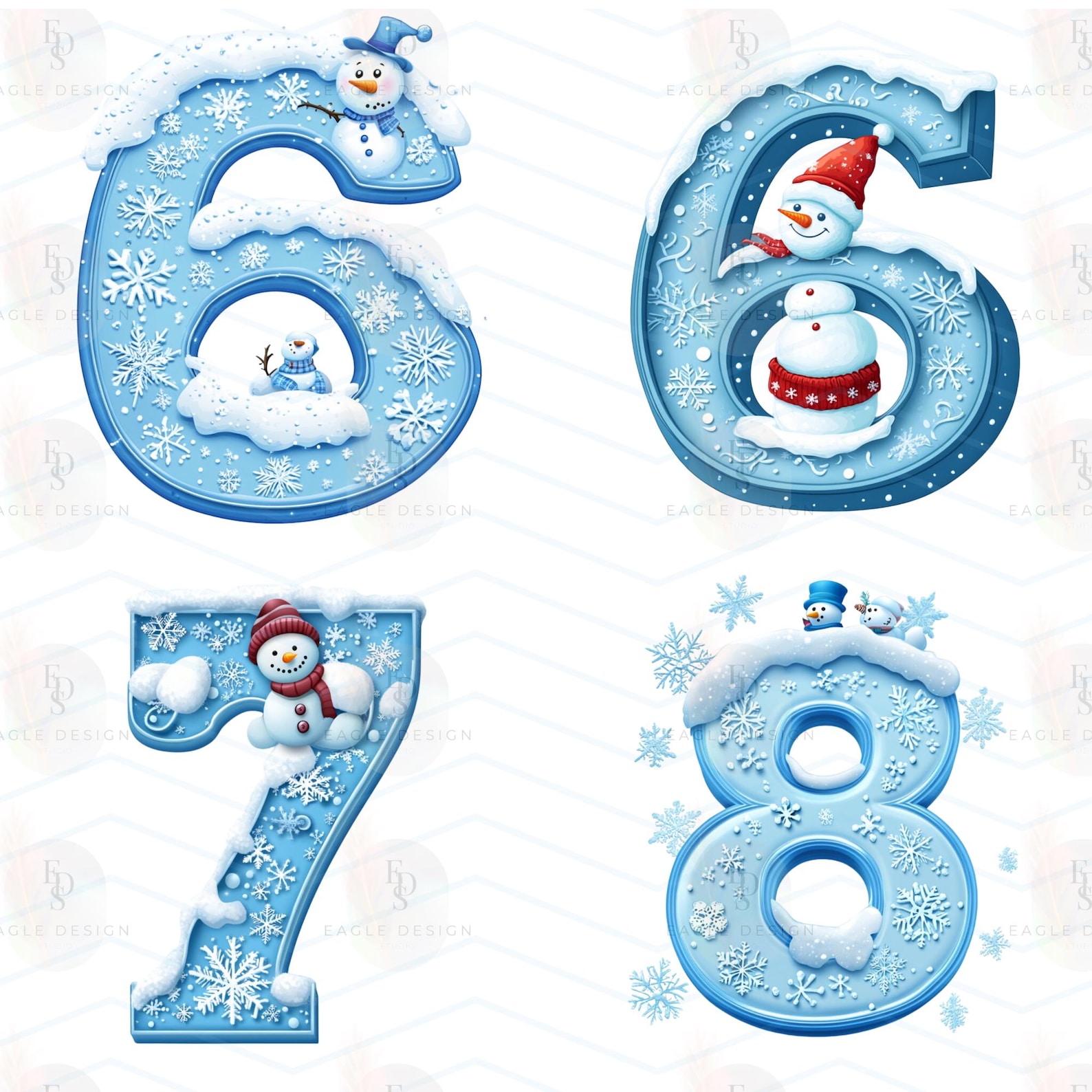 Winter Numbers Clipart: Snowflakes, Snowman, Illuminated PNG (digital ...