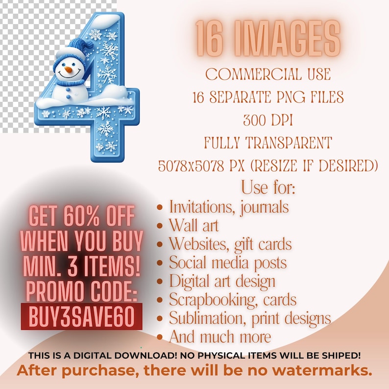 Winter Numbers Clipart: Snowflakes, Snowman, Illuminated PNG (digital ...