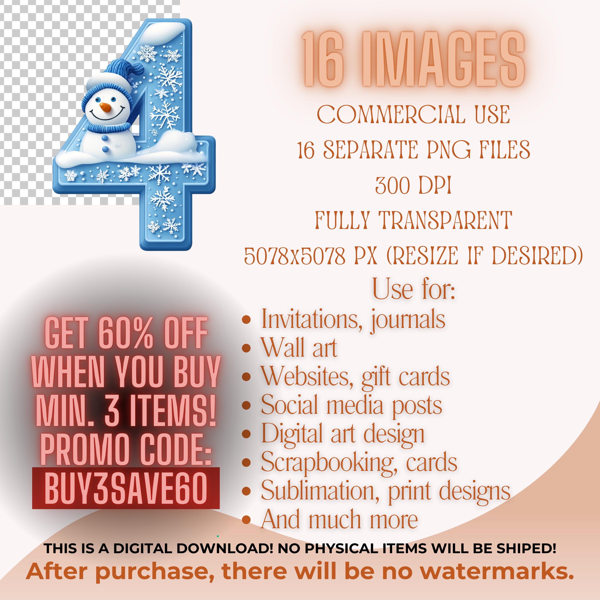 Winter Numbers Clipart: Snowflakes, Snowman, Illuminated PNG (digital ...