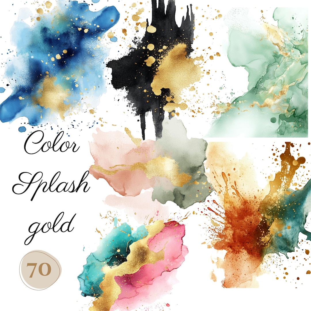 70 PNG Watercolor SPLASH Clip Arts Gold (300 Dpi, Commercial Use ...