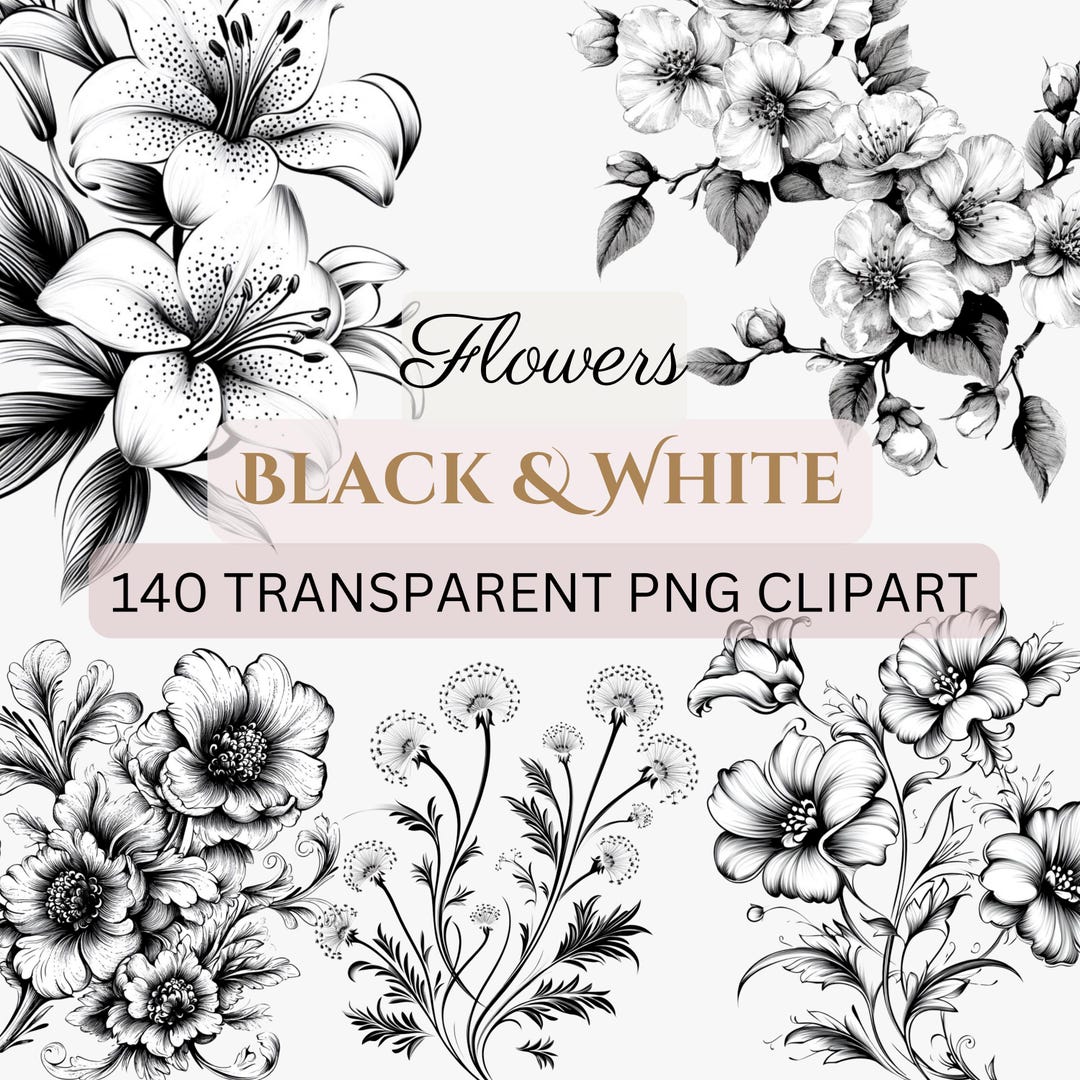 140 PNG CLIPART FLOWERS Black and White (commercial Use, Bundle ...