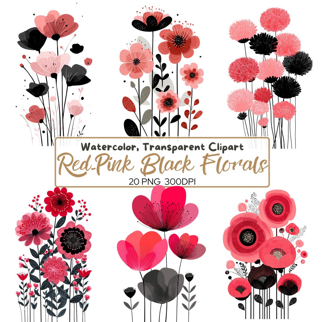 Red & Pink Watercolor Floral Clipart: Modern Flower PNG (digital ...
