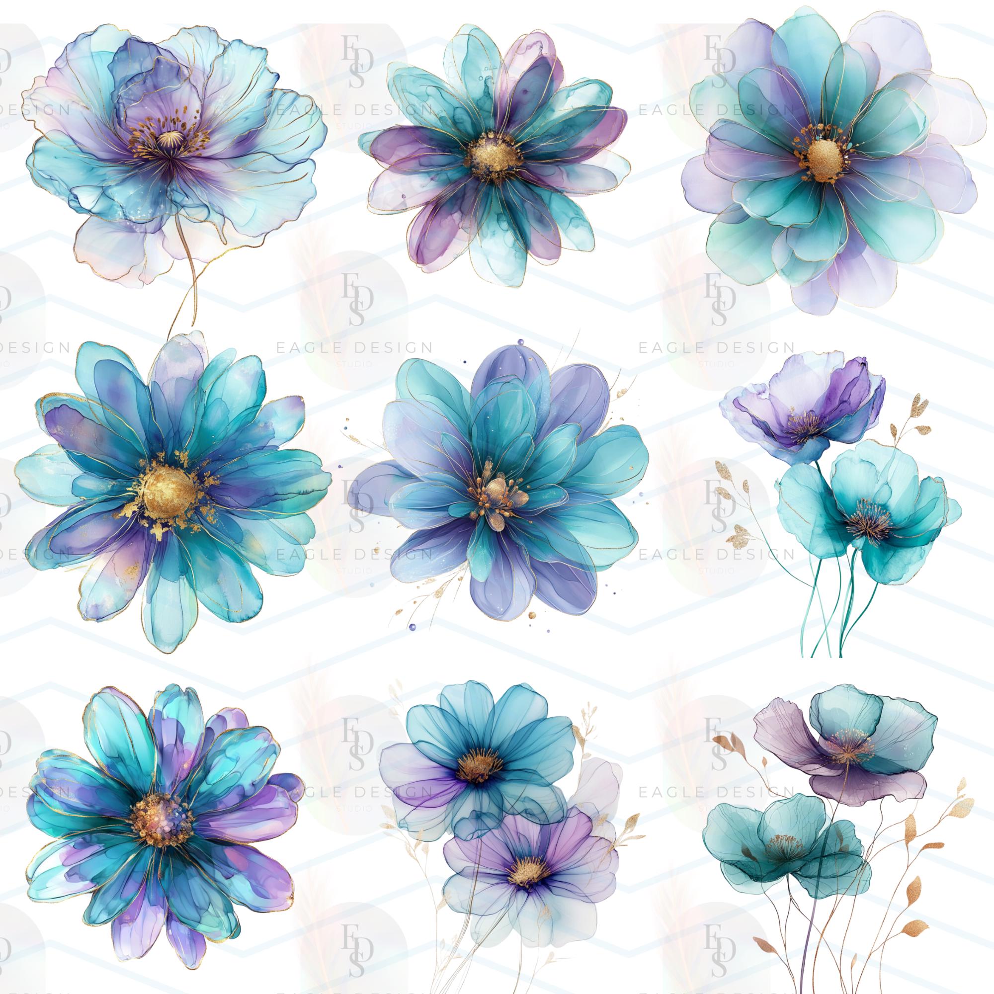 60 PNG TEAL and Purple Watercolor FLOWERS Clip Arts (300 Dpi ...