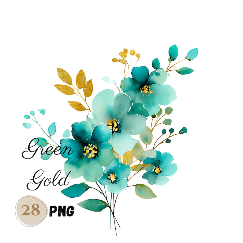 Mint Green & Gold Floral Clip Art: 28 PNG Wedding Elements (digital ...