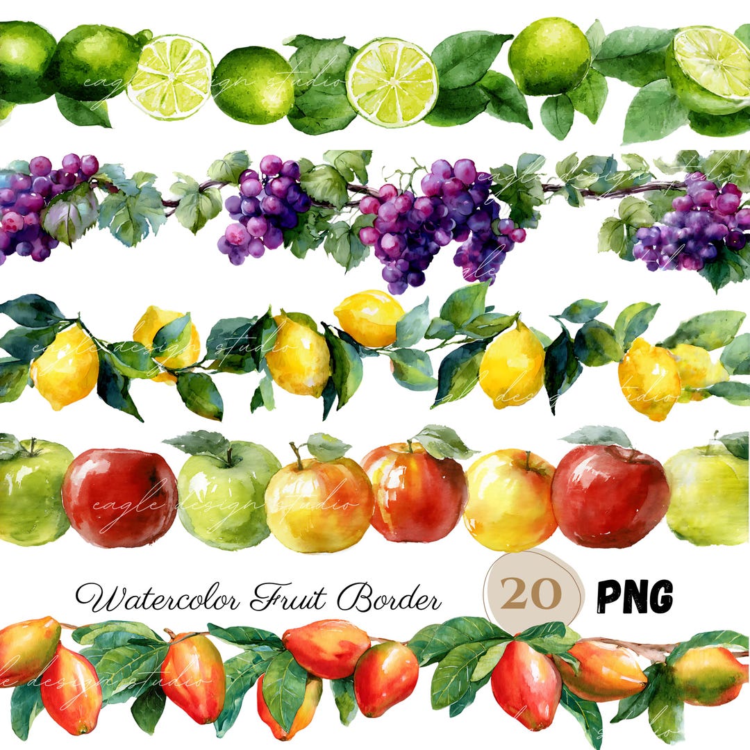 20 Watercolor FRUIT Border Clipart PNG | Lemon, Orange, Citrus Border ...