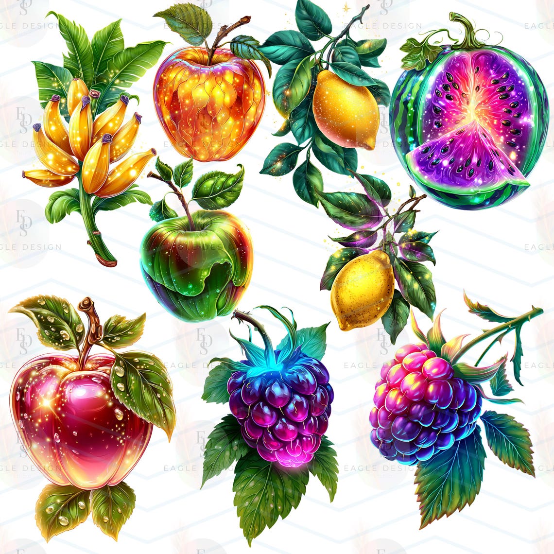 60 PNG Glowing FRUIT Clipart Bundle, Transparent, Neon Sparkle Fruit ...