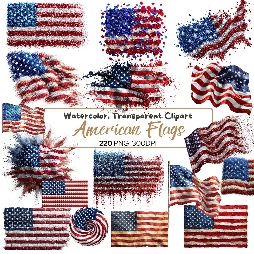 4th of July Clipart Bundle: Watercolor American Flags (220 PNG Digital ...