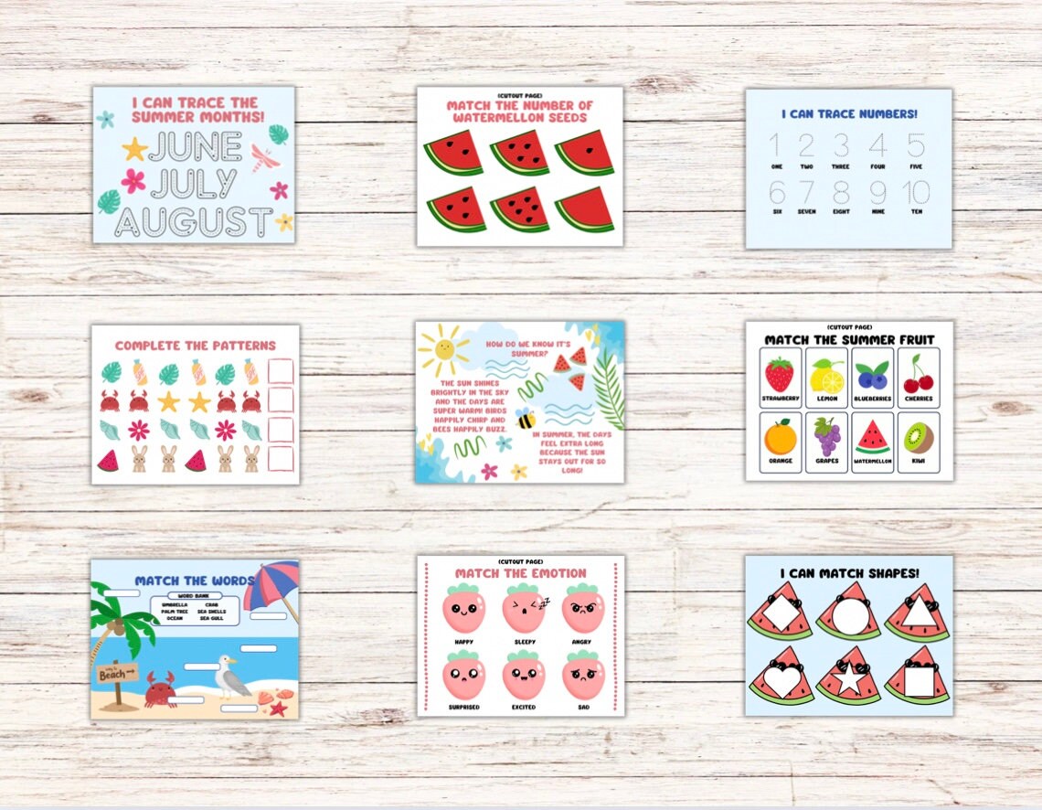 Toddler Summer Busy Book Printable Interactive Activities With Cutouts ...