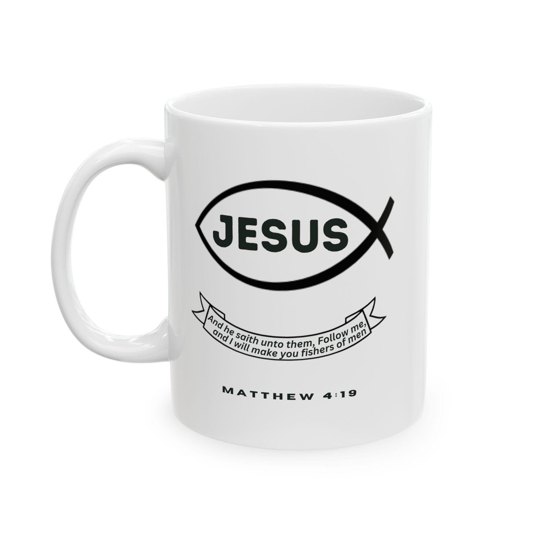 Ichthys Fish Christian Symbol Mug, Matthew 4 19 Bible Verse ...
