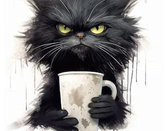 Grumpy Coffe Cat Clipart, 11 Designs, 406 DPI, Printable,no Background ...