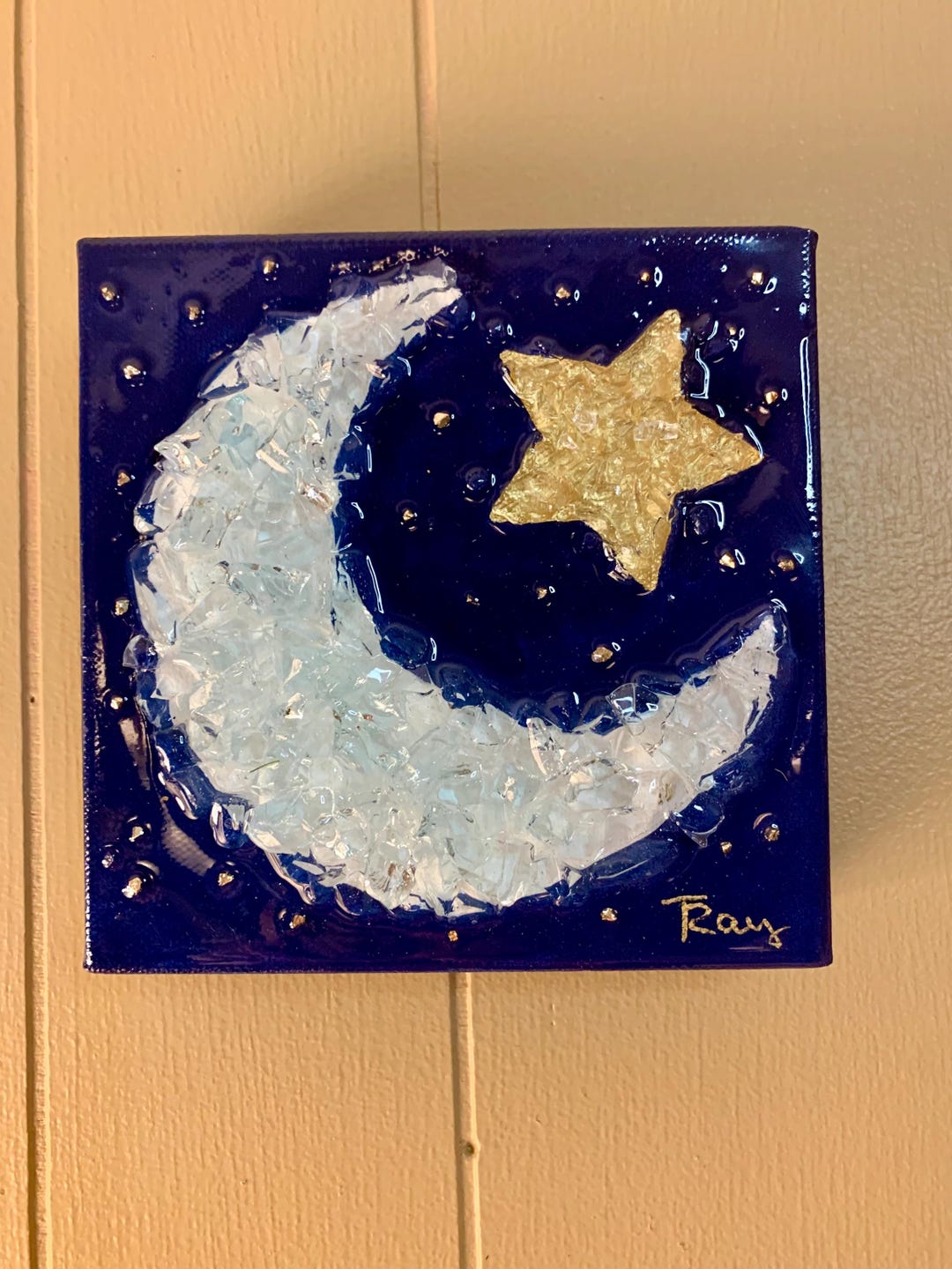 Moon and Star Crushed Glass and Resin Art on 6x6x2 Art Canvas. - Etsy