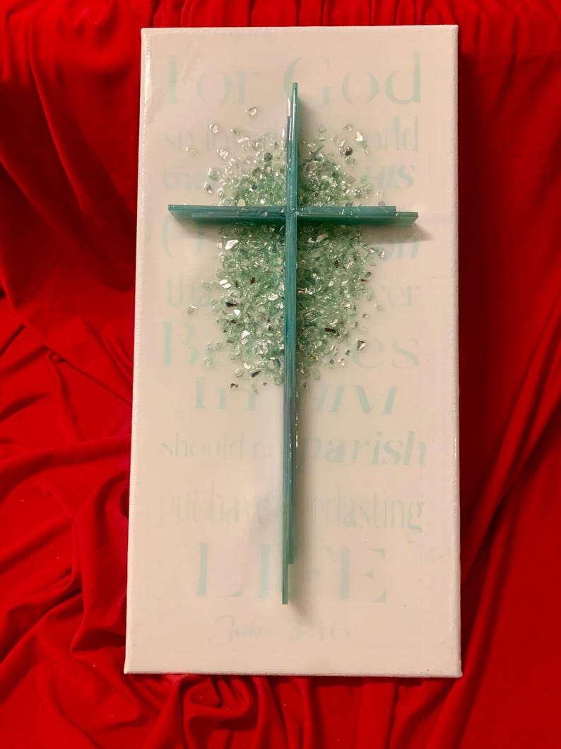 Handmade Cut and Crushed Glass Cross Covered in Resin on Canvas With ...
