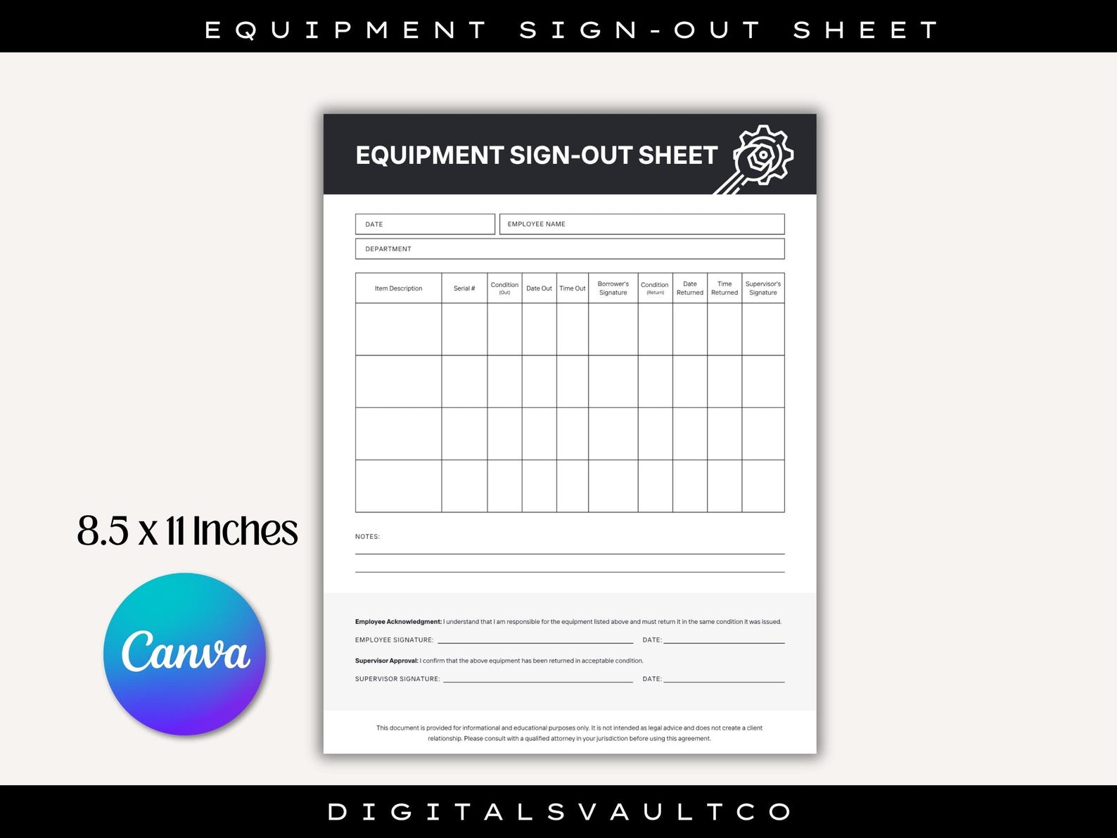 Equipment Sign-out Sheet Template Editable Asset Tracking Log for ...