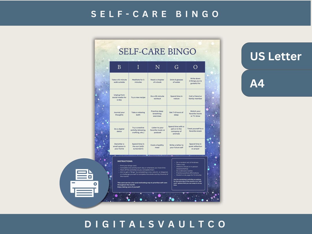 Self-care Bingo Printable Sheet | Wellness Activity Tracker | Mental ...