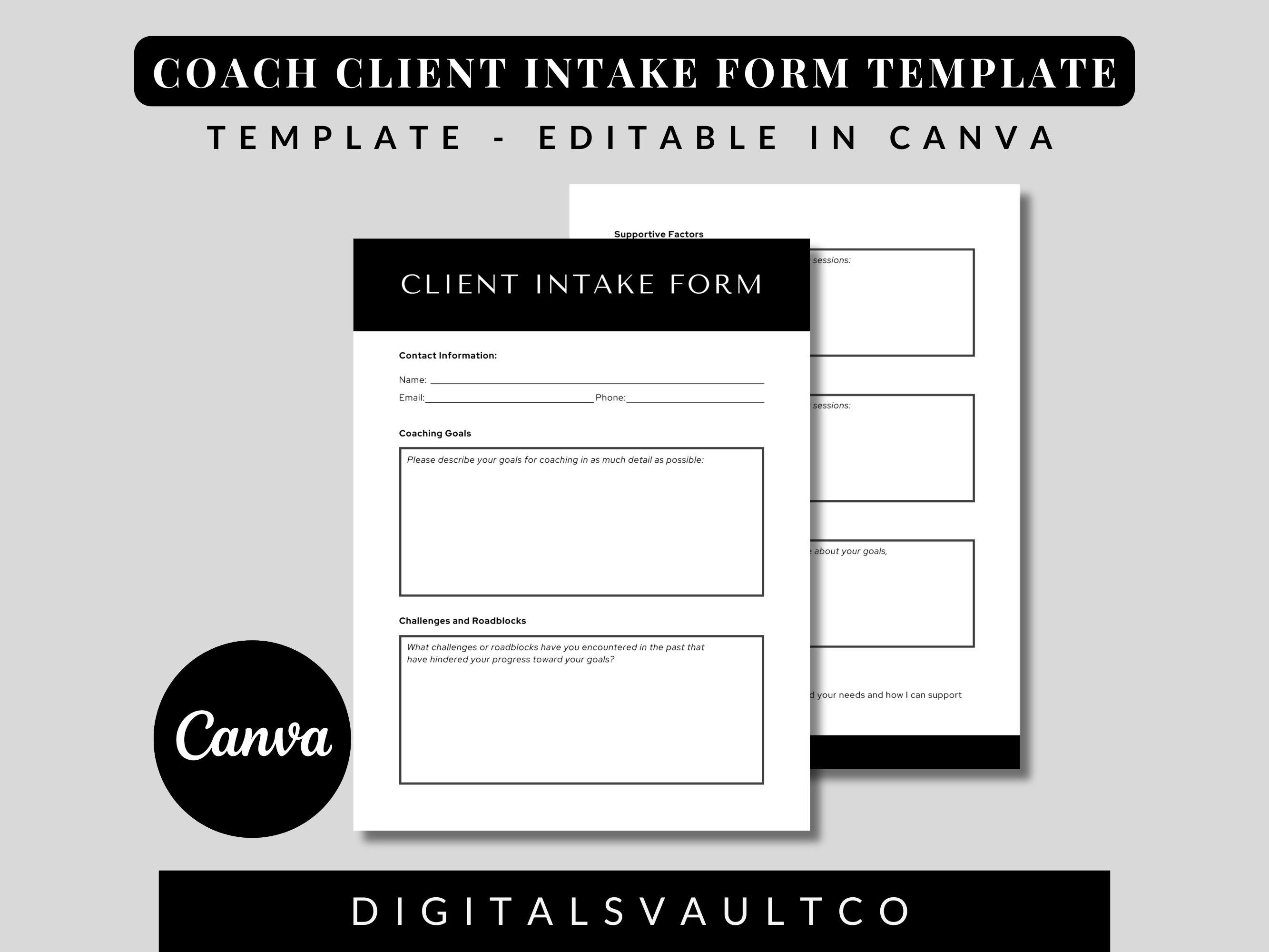 Coach Client Intake Form Customizable Editable Template | Client ...