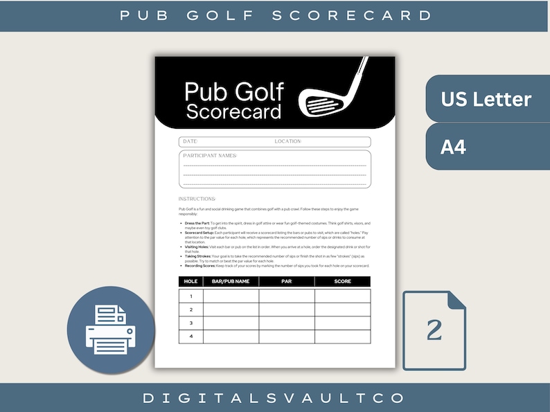 Pub Golf Scorecard Printable | Minimalist Drinking Game Scorecard and ...
