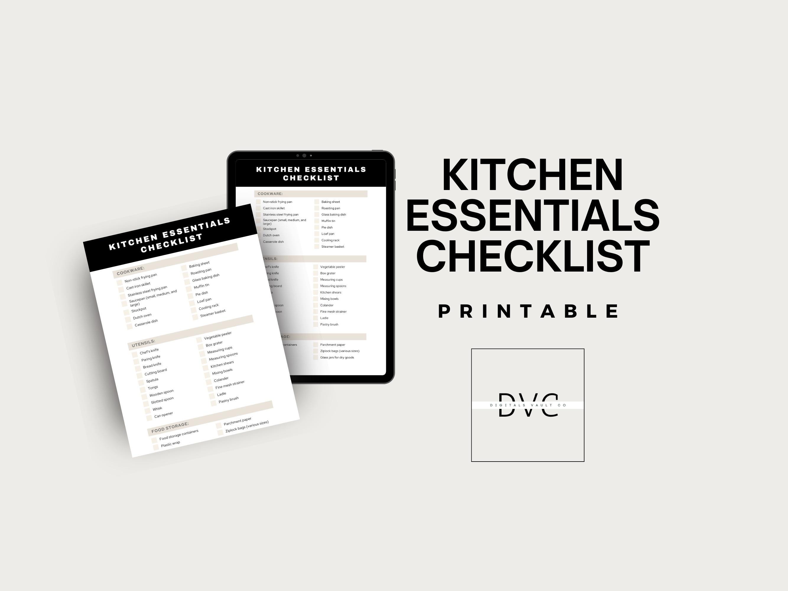 Kitchen Essentials Checklist Minimalist PDF Printable | Kitchen Tools ...