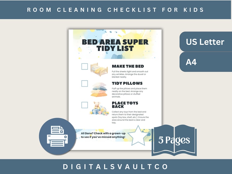 Room Cleaning Checklist for Kids Printable Chore Chart for Boys & Girls ...