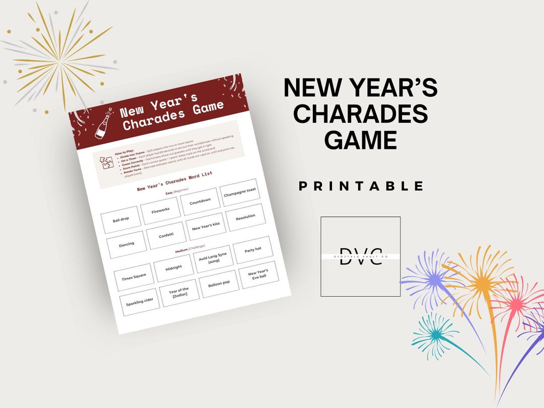 New Year's Charades Game PDF Printable Fun Party Activity Cards Kids ...