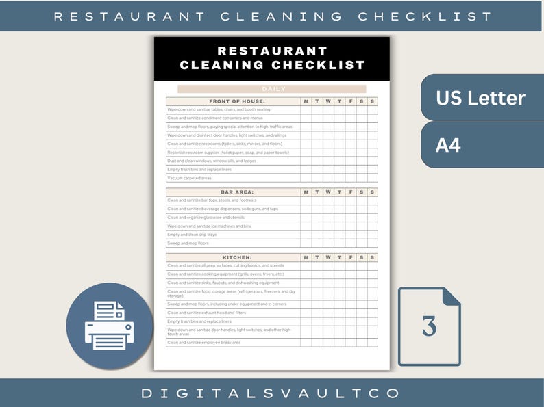 Restaurant Cleaning Checklist Printable PDF | Cafe and Diner Cleaning ...