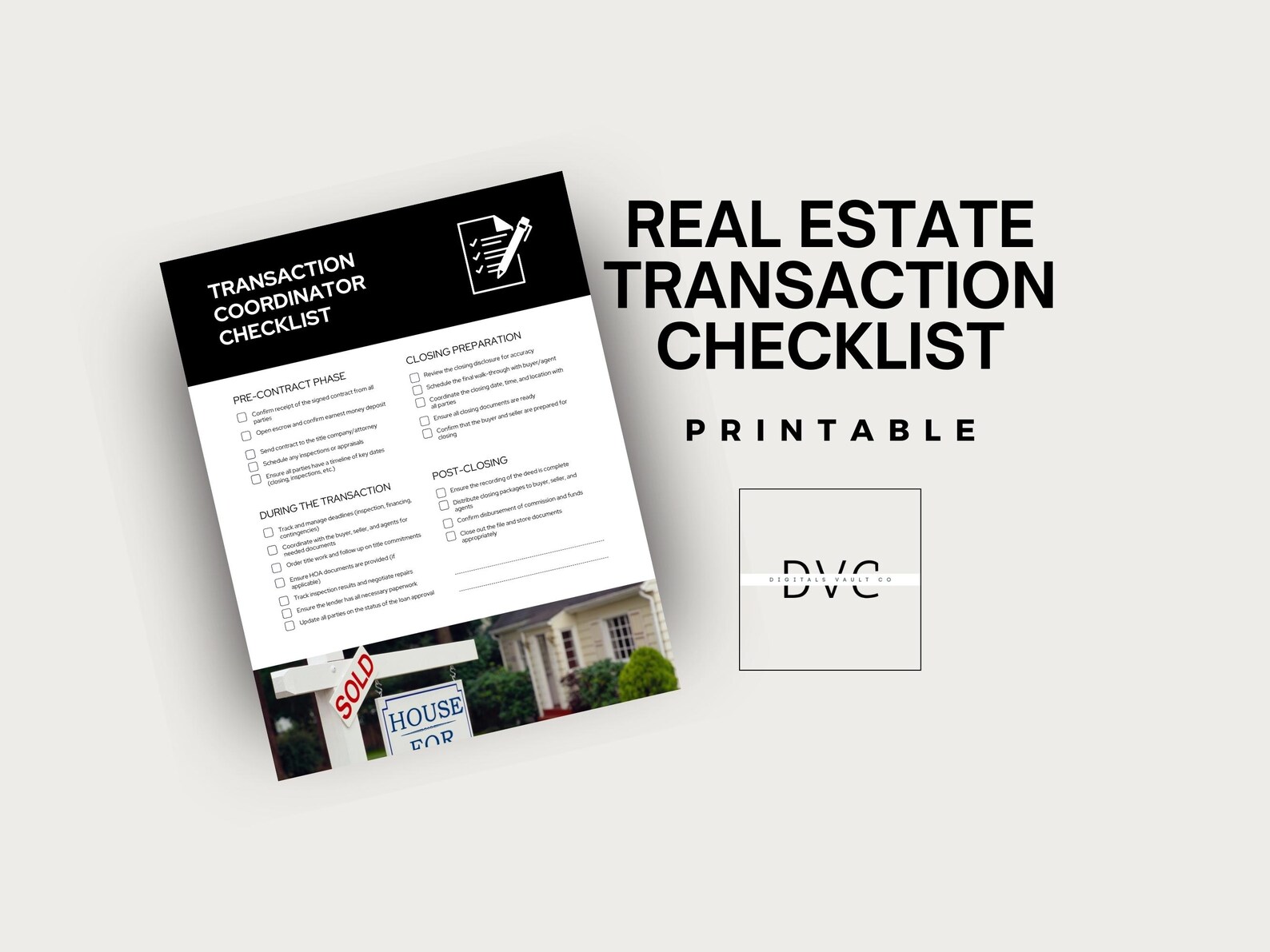 Real Estate Transaction Checklist Printable PDF | Estate Agent Property ...