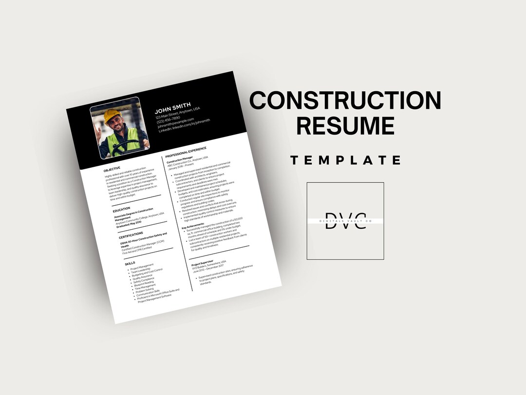 Construction Resume Template: Editable Building Trade CV (canva) - Etsy
