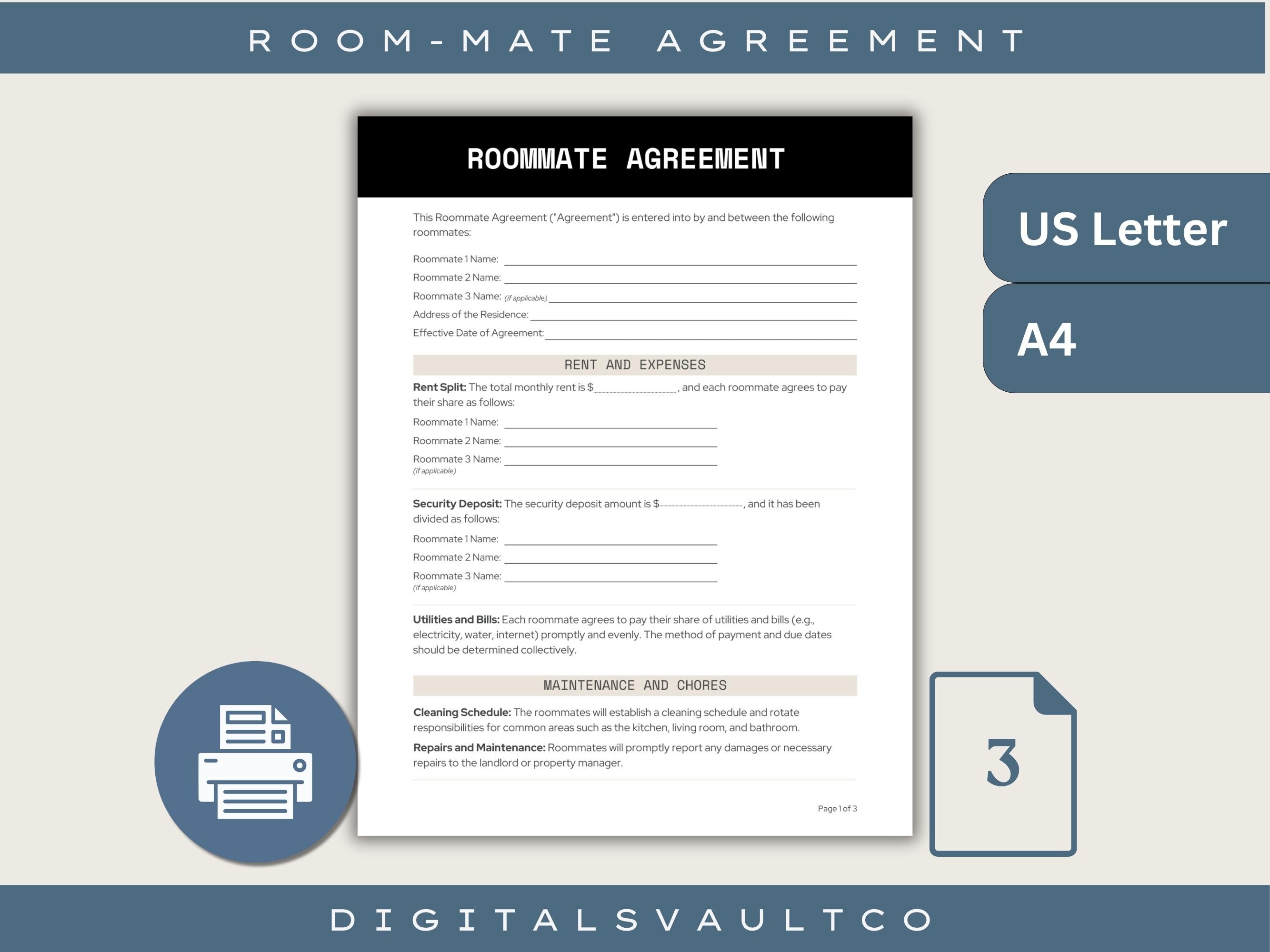 Room-mate Agreement Form Printable | Room-mate or House-mate Contract ...