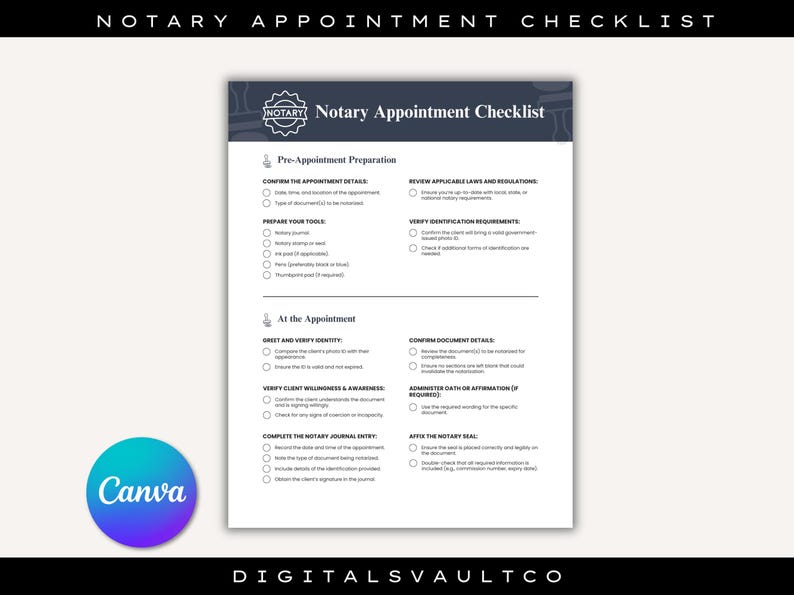 Notary Appointment Checklist Template | Editable Notary Prep Form ...