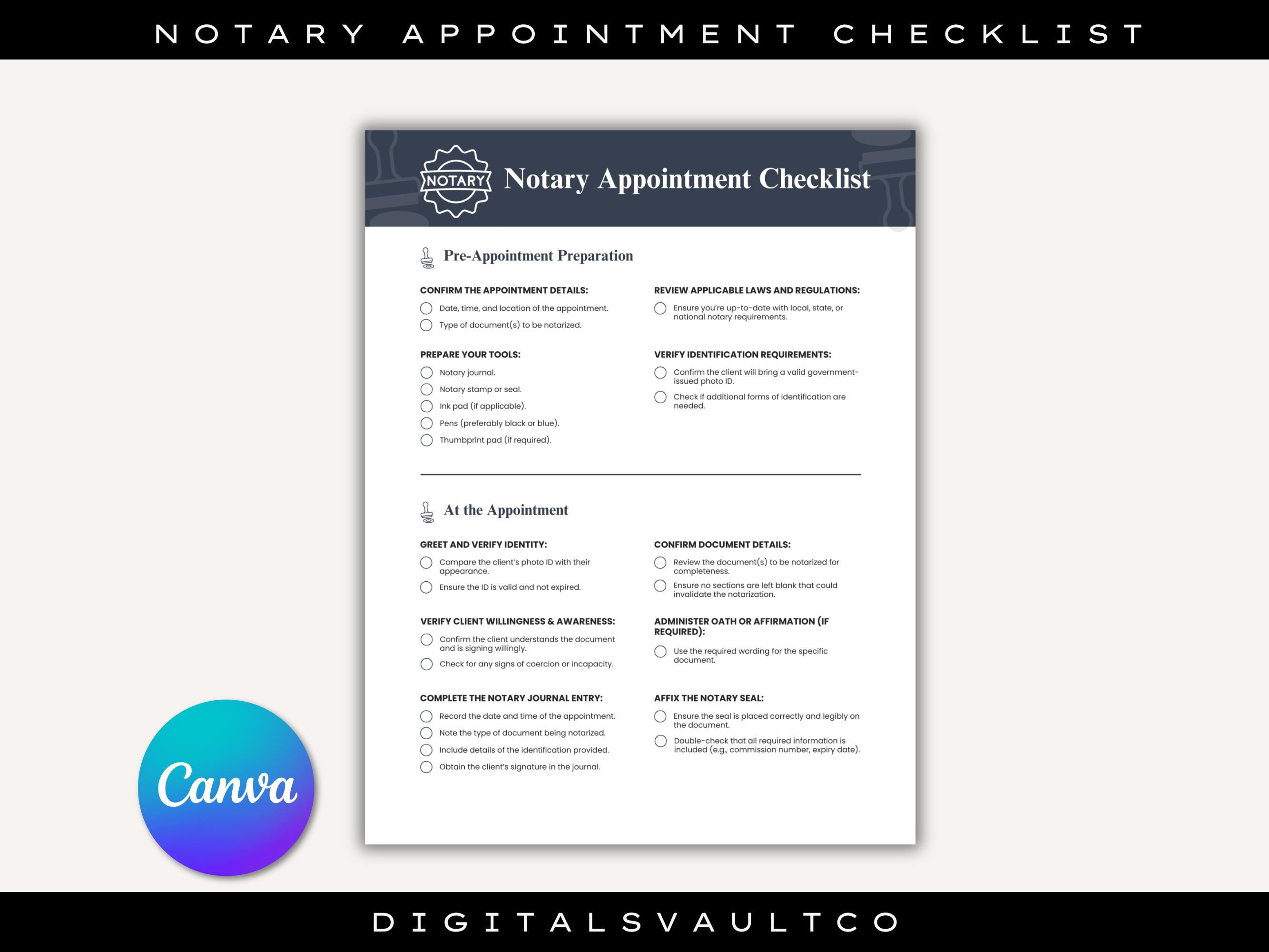 Notary Appointment Checklist Template | Editable Notary Prep Form ...
