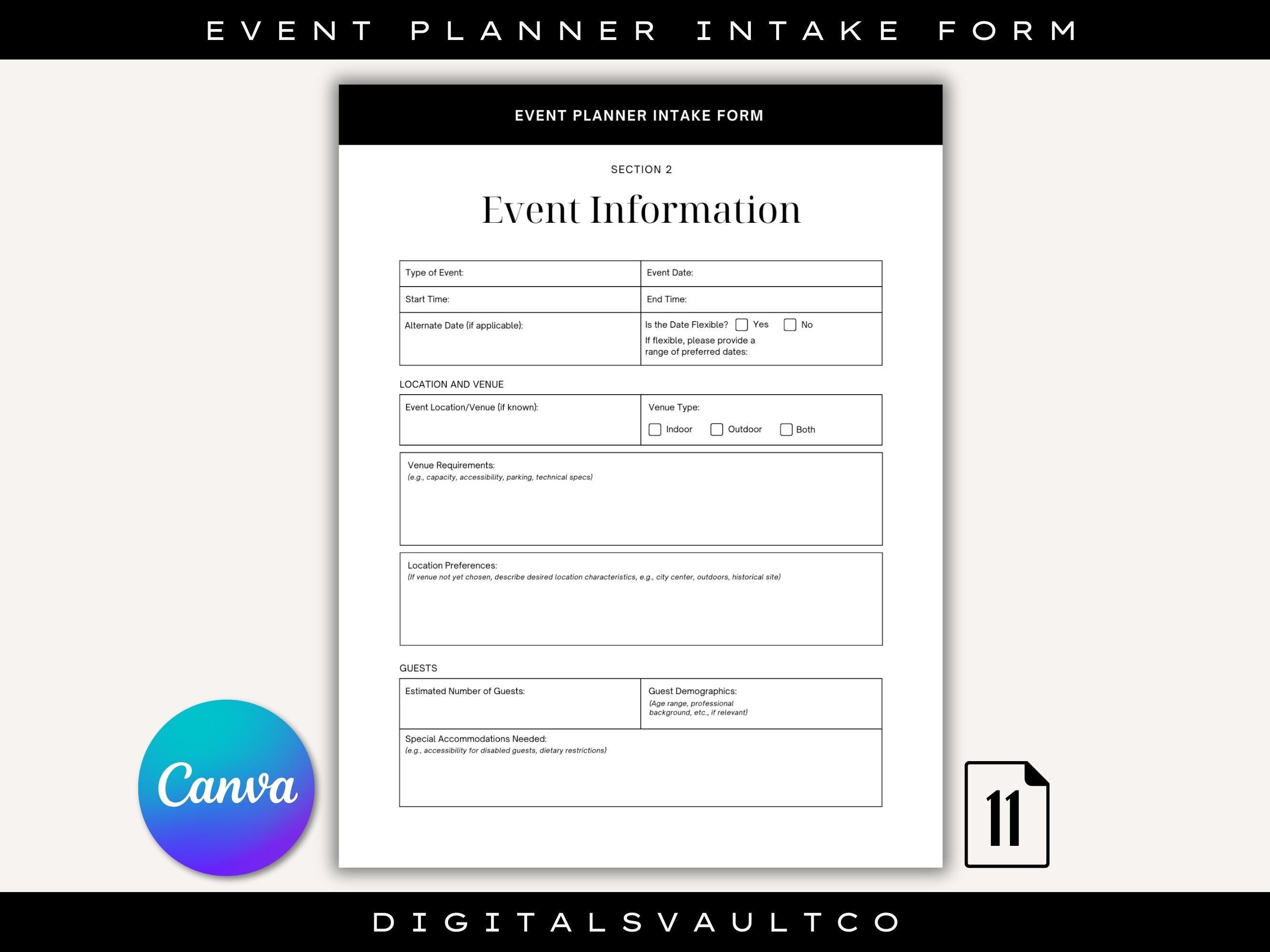 Event Planner Intake Form Template Professional Client Consultation and ...