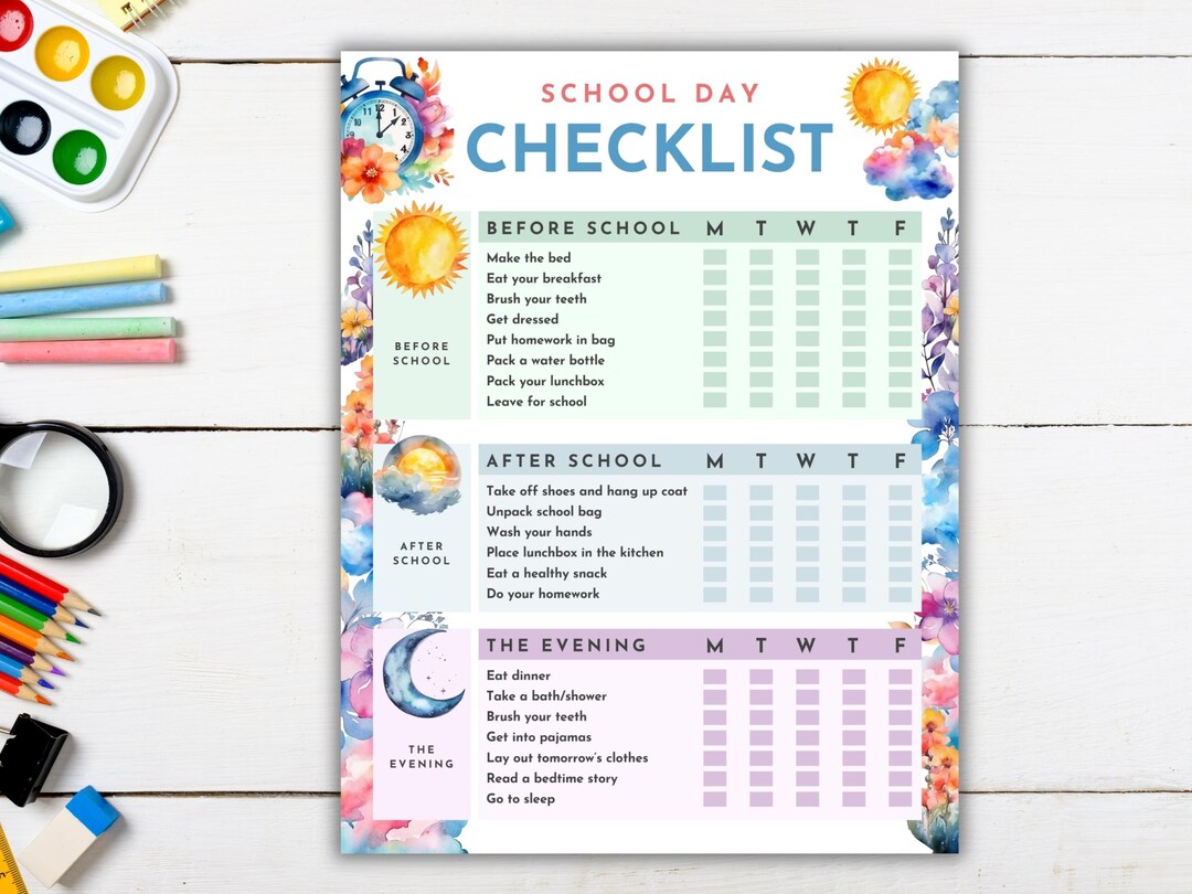 Kids School Day Checklist Printable | Morning, After School & Evening ...