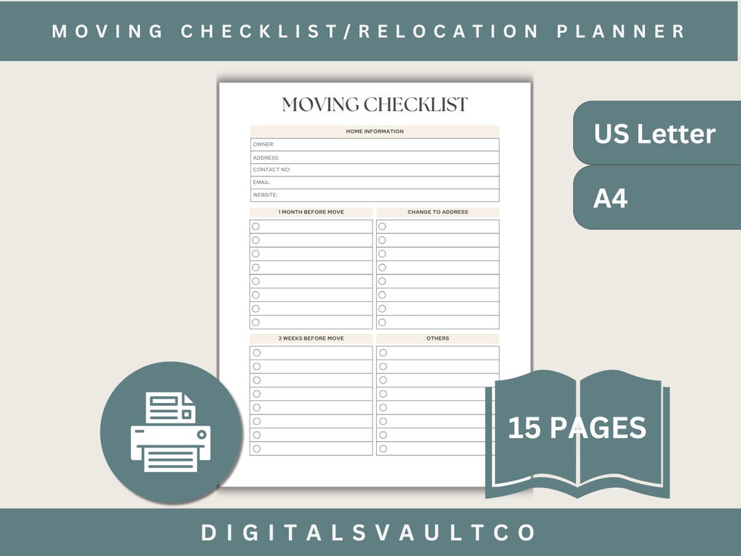 Moving Checklist and Relocation Planner Simple PDF | Organize Your Move ...