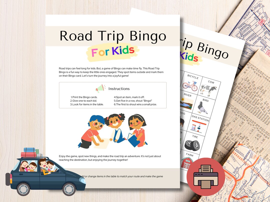 Road-trip Bingo for Kids | Children Travel Game | Road Trip Activity ...