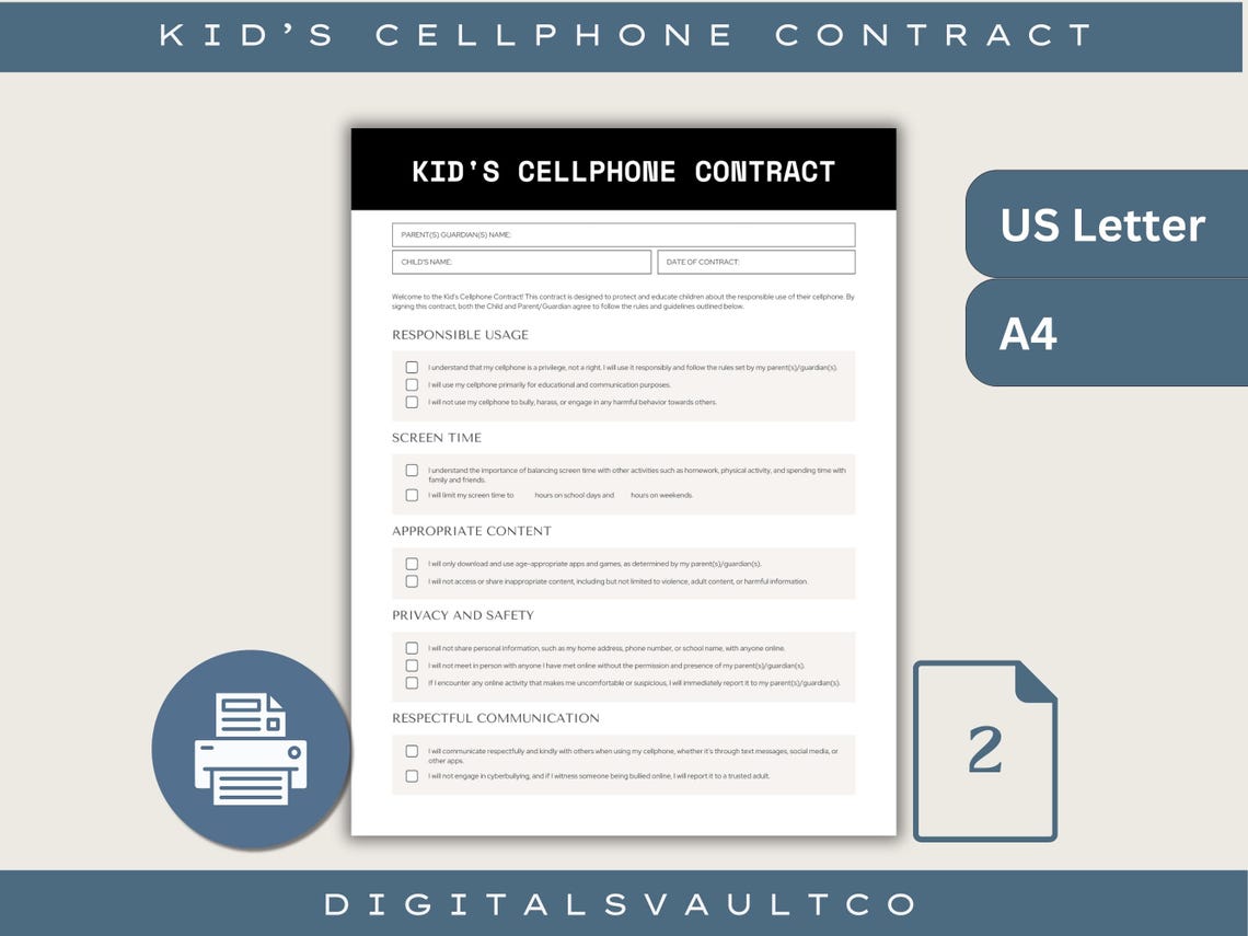 Kid's Cellphone or Mobile Contract Form for Safe and Responsible ...