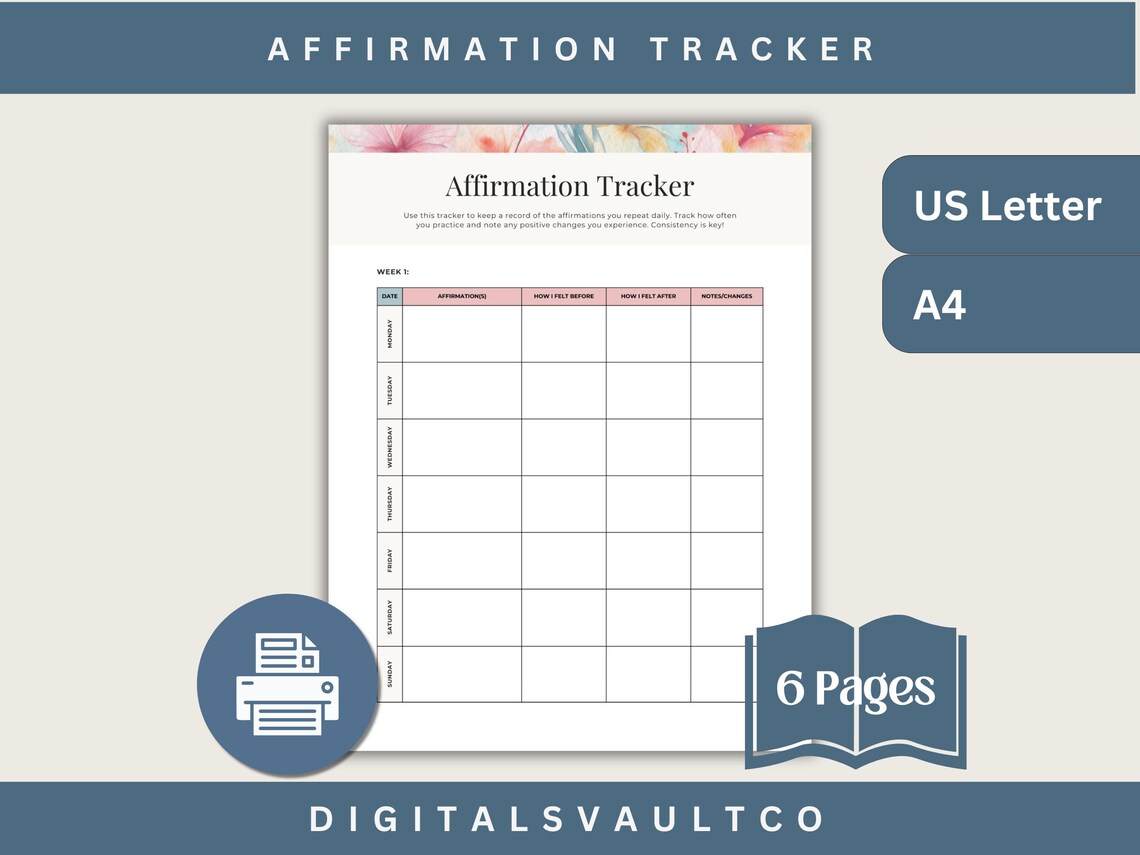 Affirmation Tracker Printable | Boost Positivity, Build Confidence ...