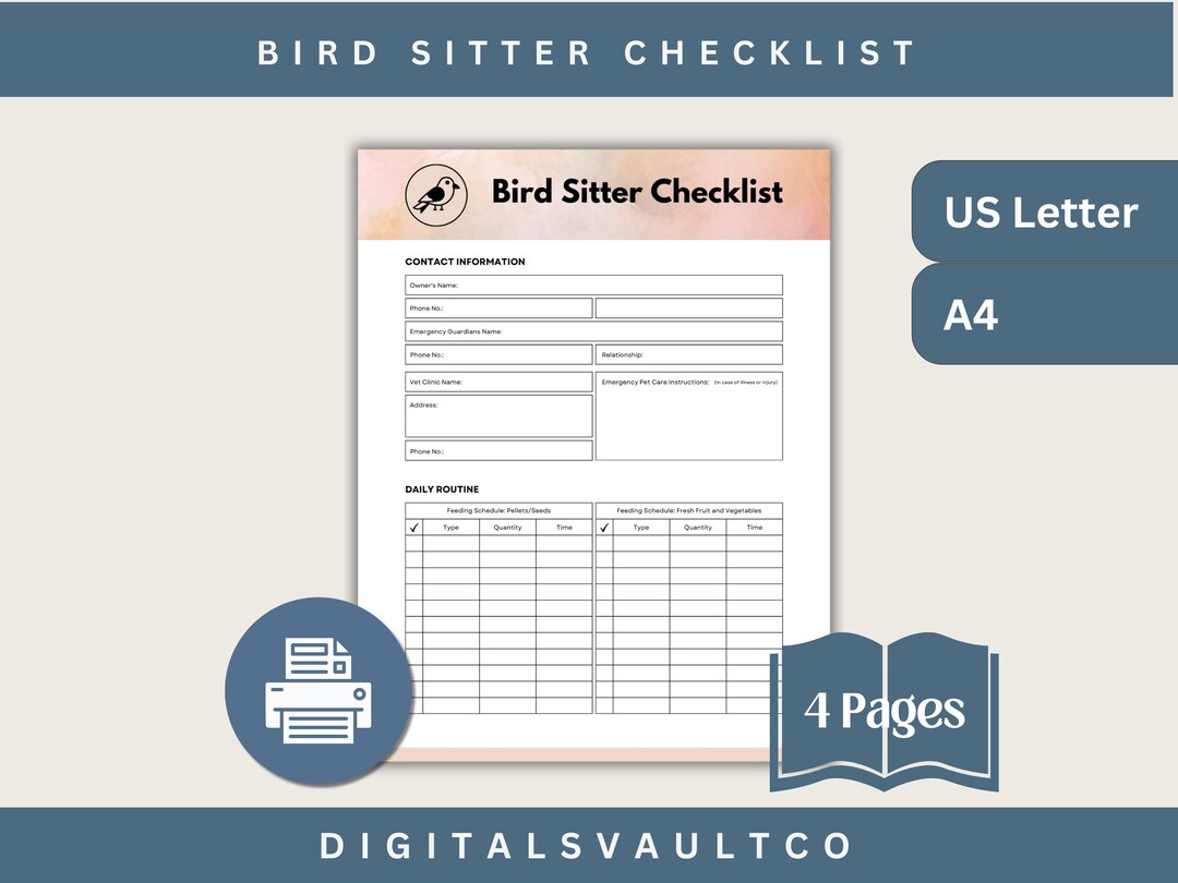 Bird Sitter Printable Checklist | Parrot Sitting Routine Instruction ...