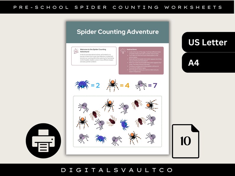 Preschool Spider Counting Adventure Worksheets Printable PDF | Kid ...