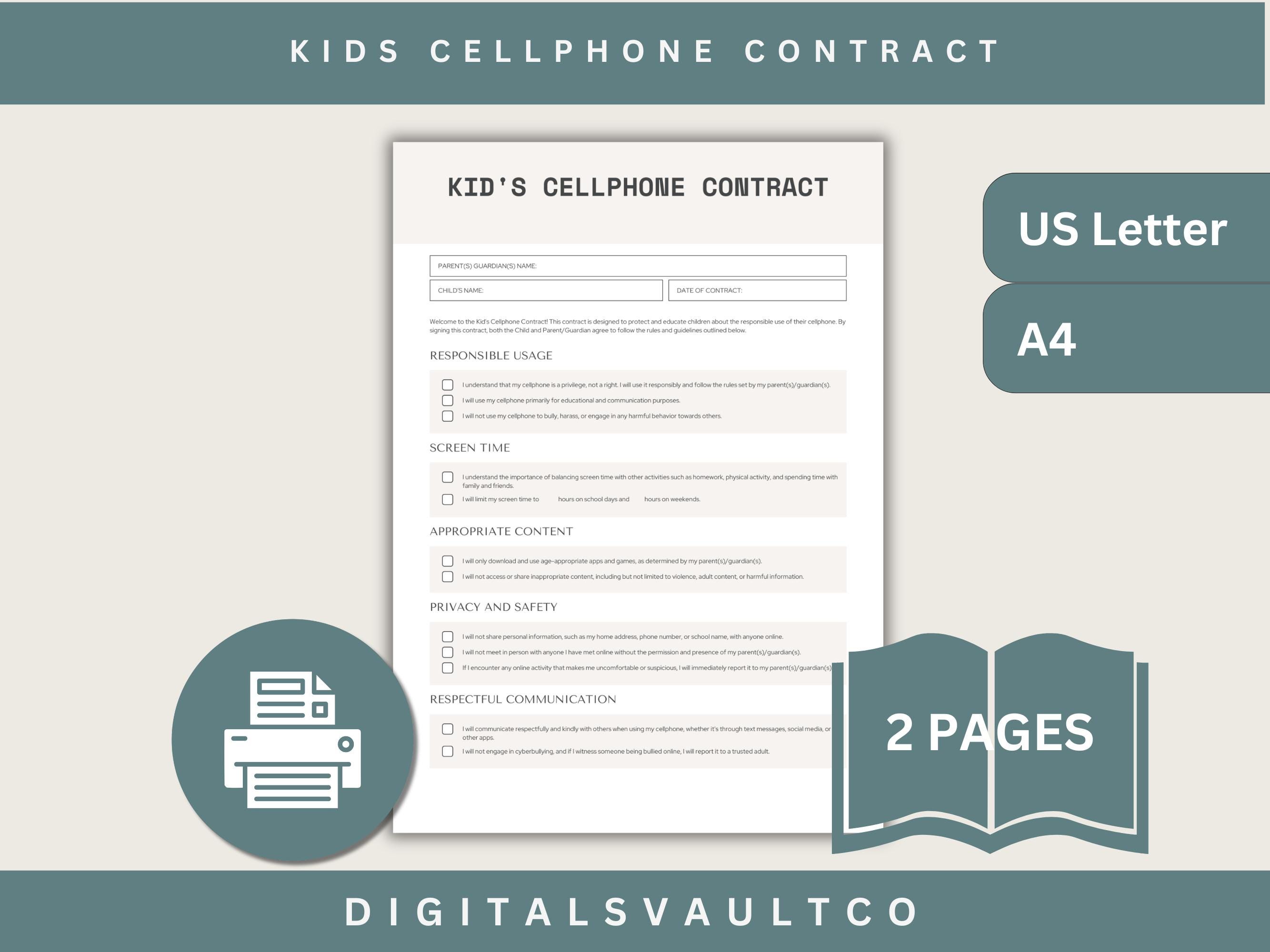 Kid's Cellphone or Mobile Contract Form for Safe and Responsible ...