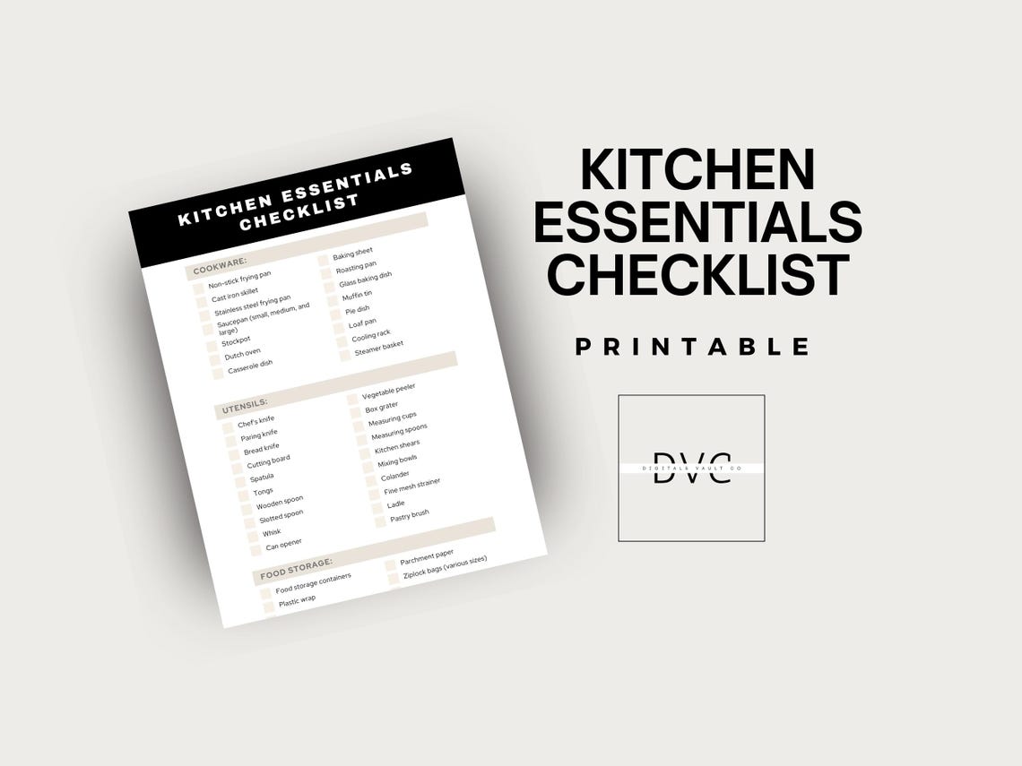 Kitchen Essentials Checklist Minimalist PDF Printable | Kitchen Tools ...