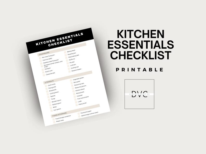 Kitchen Essentials Checklist Minimalist PDF Printable | Kitchen Tools ...