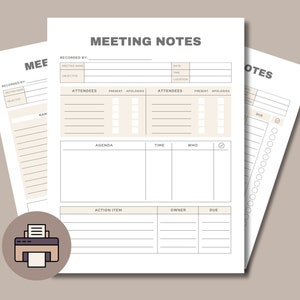 Meeting Notes Template Minimalist Printable PDF Conference Minutes ...