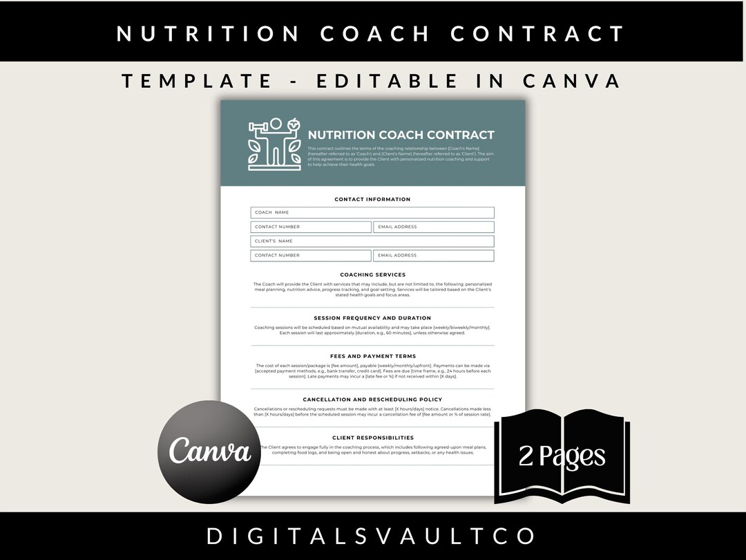 Nutrition Coach Contract Template Customizable Client Agreement Form for Health & Wellness ...