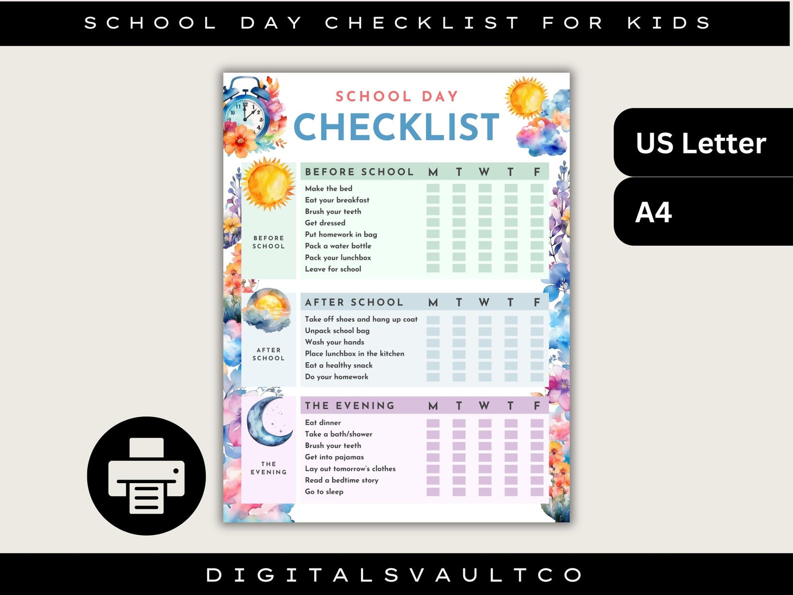 School Day Checklist for Kids Printable | Morning, After School ...