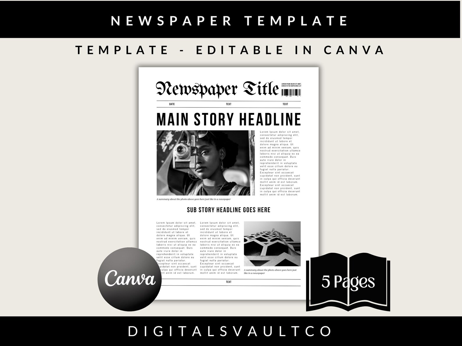 Newspaper Template Editable in Canva | Vintage Newspaper Designs for ...