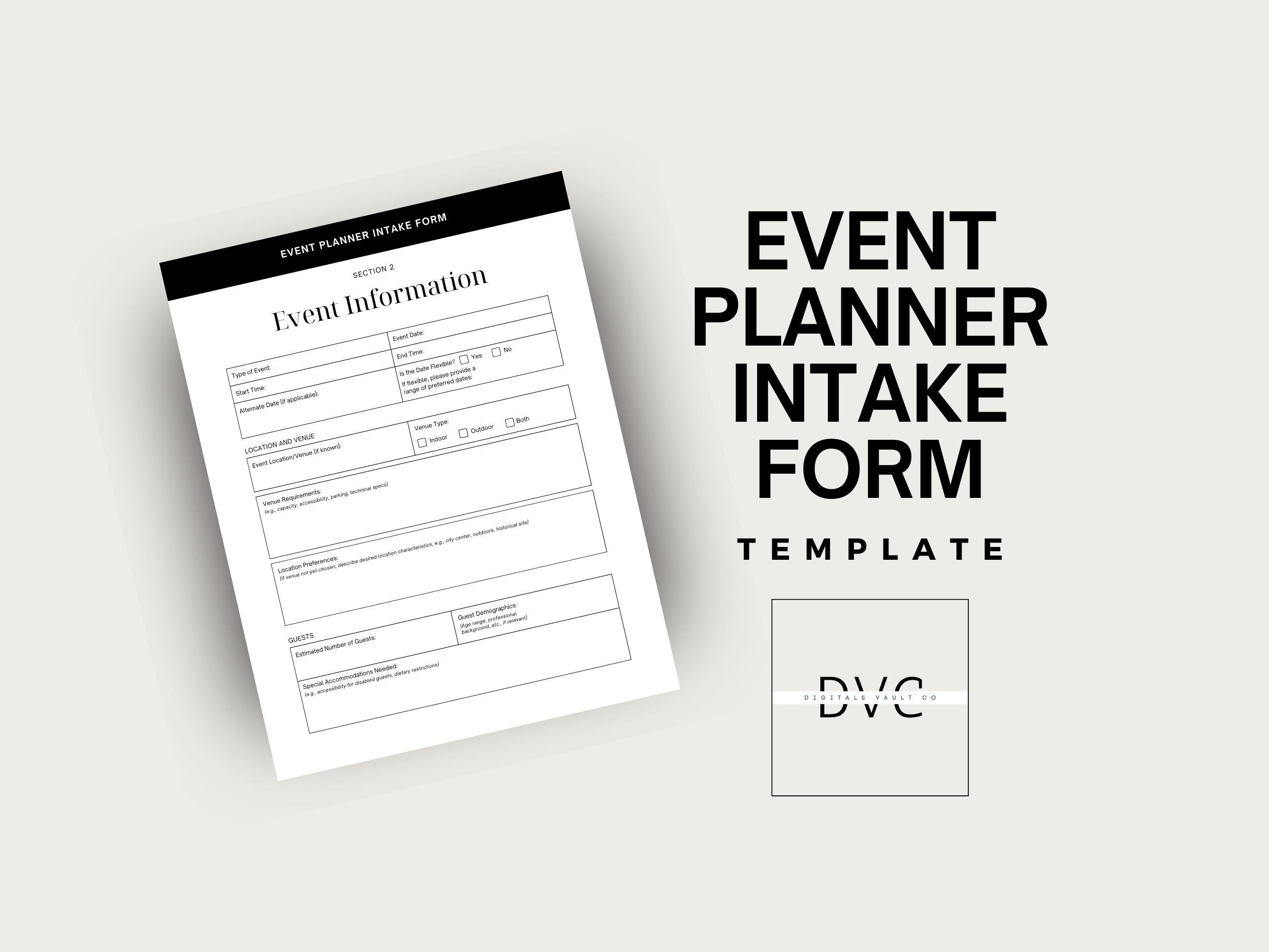 Event Planner Intake Form Template Professional Client Consultation and ...