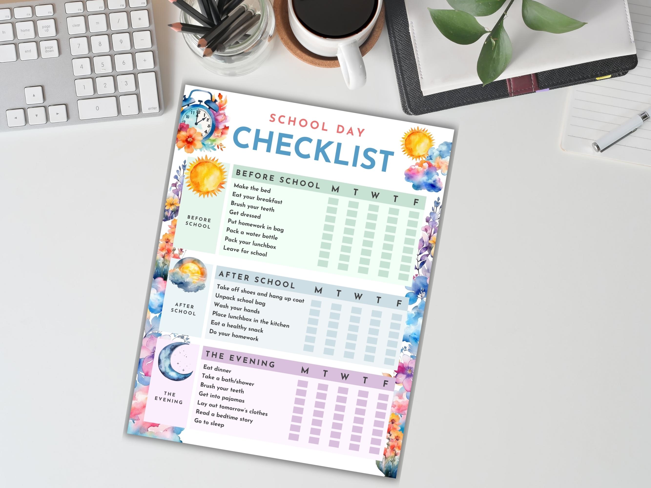 Kids School Day Checklist Printable | Morning, After School & Evening ...